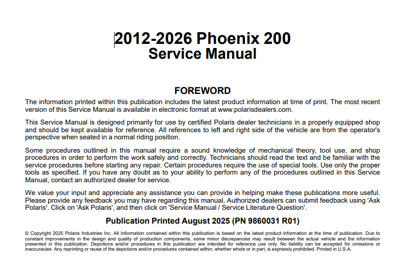 2012-2026 Polaris Phoenix 200 Service Manual - Polaris ATV Forum ...